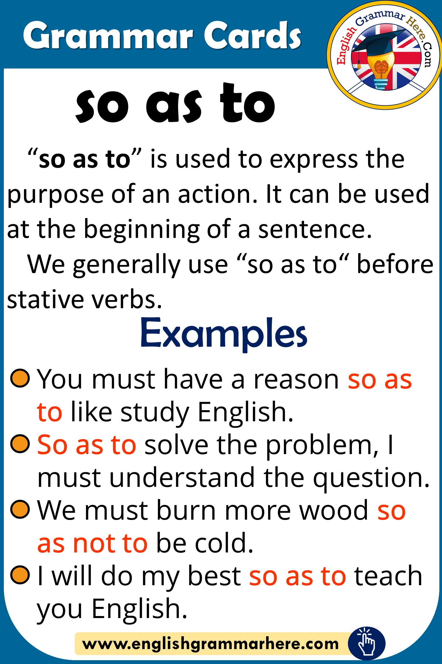 Grammar Cards Using SO AS TO In English English Grammar Here