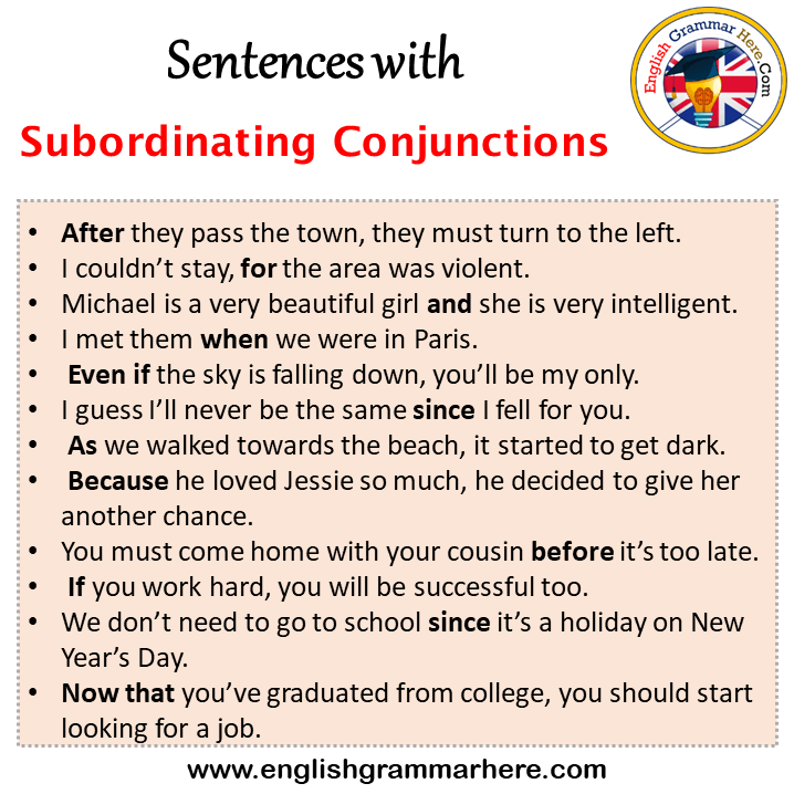 Subordinating Conjunctions Example Sentences Subordinating Conjunctions Example Sentences